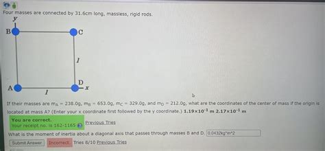 solved four masses are connected by 31 6 cm long massless