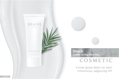 화장품 및 스킨 케어 제품 광고 템플릿은 로션과 나뭇잎이 있는 흰색 배경에 있습니다 3차원 형태에 대한 스톡 벡터 아트 및 기타