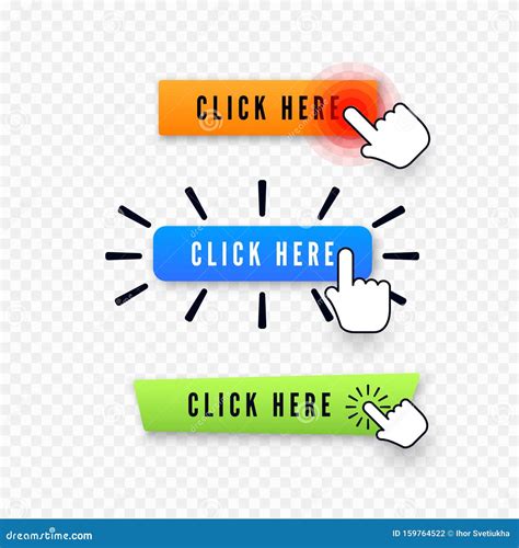 hand cursor over button with text click here web icons element set of