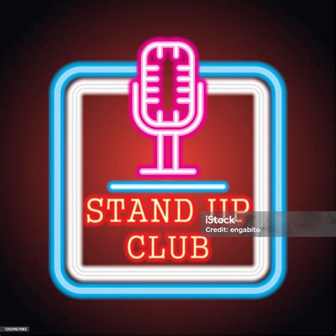 스탠드 업 코미디 광고에 대한 네온 사인을 일어서 벡터 일러스트레이션 Live Event에 대한 스톡 벡터 아트 및 기타 이미지