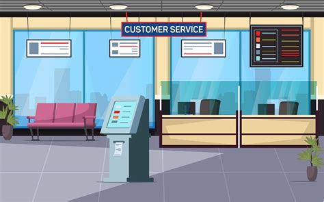 고객 서비스 사무실 은행 로비 라운지 구역 홀 대기실 인테리어 디자인 Atm 자동 현금 인출기 리셉션 데스크 시내 중심가가 보이는 창 무료 벡터