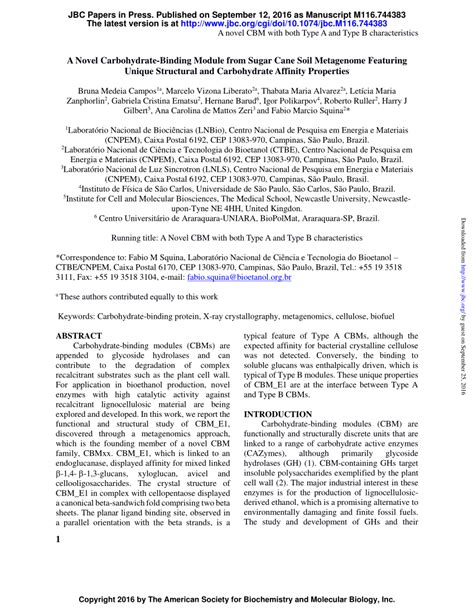 Pdf A Novel Carbohydrate Binding Module From Sugar Cane Soil Metagenome Featuring Unique
