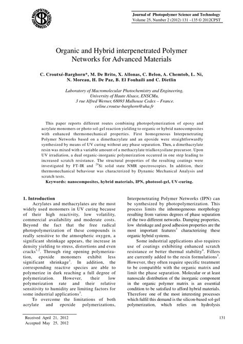 Pdf Organic And Hybrid Interpenetrated Polymer Networks For Advanced