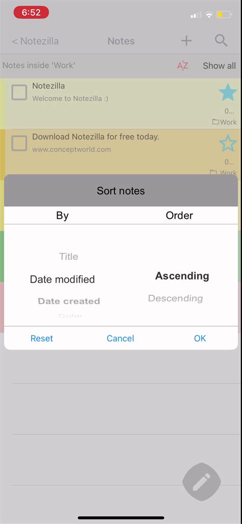 sorting notes list inside a folder in notezilla app for android iphone
