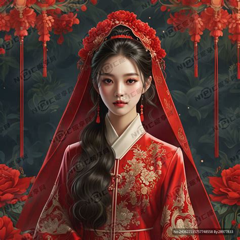Ai创作图中式婚礼服装 美女 红盖头 昵图网