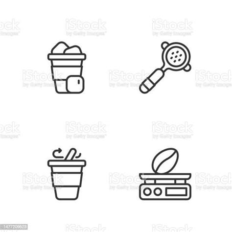세트 라인 전자 커피 저울 커피 컵 아이스 및 필터 홀더 아이콘 벡터 각얼음에 대한 스톡 벡터 아트 및 기타 이미지 각얼음 검은색 규모 Istock