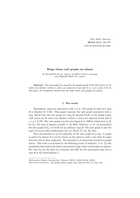 Pdf Rings Whose Unit Graphs Are Planar