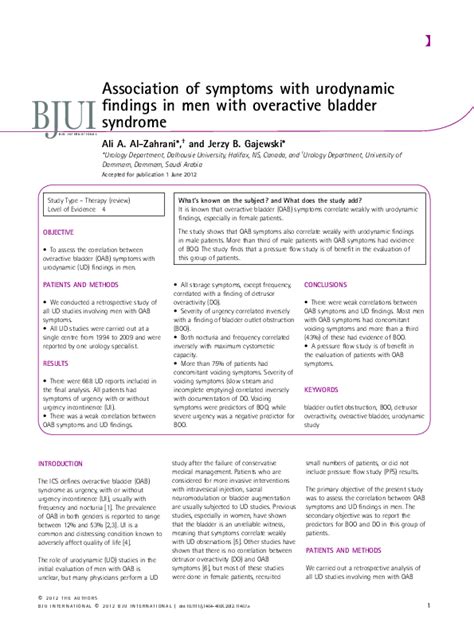 Pdf Association Of Symptoms With Urodynamic Findings In Men With Overactive Bladder Syndrome