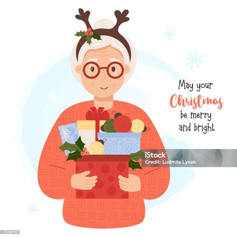 크리스마스 선물 상자 호랑가시나무가 있는 나무 공을 가진 귀여운 노인 여성 만화 스타일의 벡터 그림입니다 긍정적인 연금 수급자 할머니의 성격이 있는 새해 카드 새해에 대한