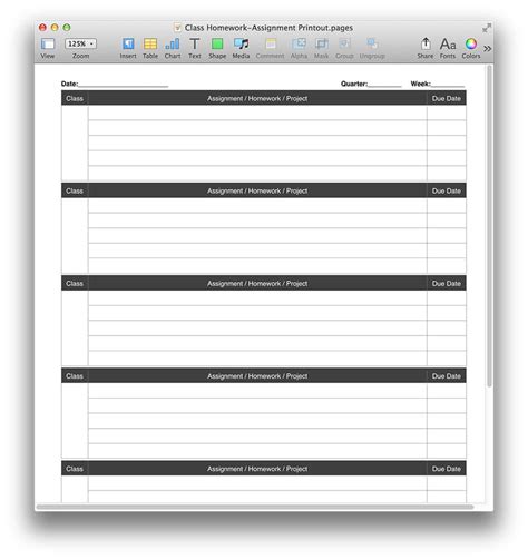 Class Homework Chart Template For Pages And Pdf