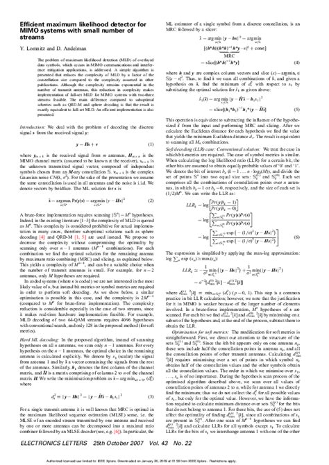 Pdf Efficient Maximum Likelihood Detector For Mimo Systems With Small