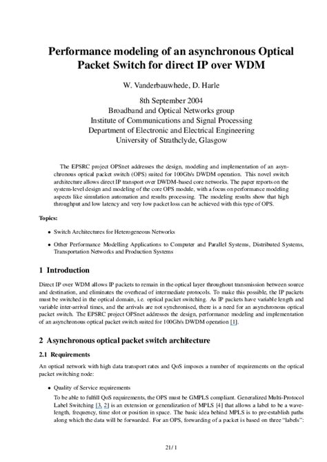 pdf performance modeling of an asynchronous optical packet switch for