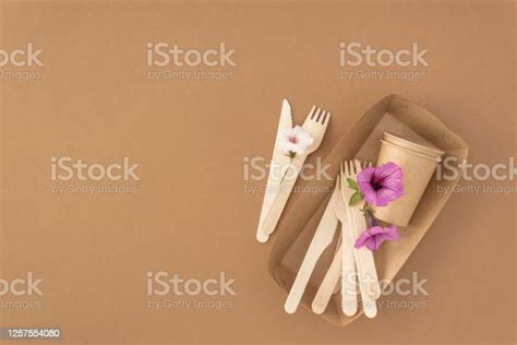 무폐 플라스틱 프리 컨셉 일회용 종이 컵과 카피 공간이있는 베이지 색 배경에 나무 포크와 칼이있는 플레이트 0명에 대한 스톡 사진 및 기타 이미지 Istock
