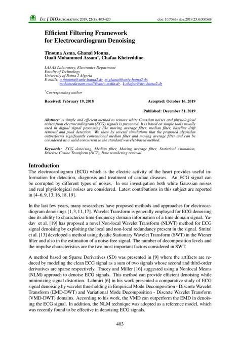 Pdf Efficient Filtering Framework For Electrocardiogram Denoising