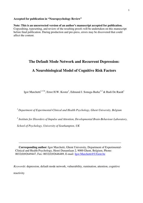 Pdf The Default Mode Network And Recurrent Depression A