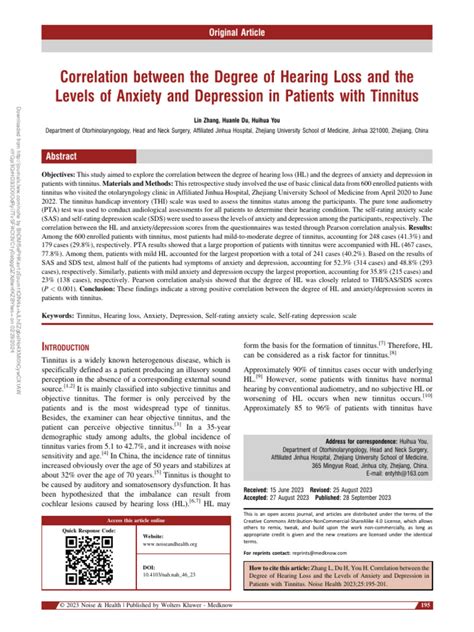 Correlation Between The Degree Of Hearing Loss And The Pdf Tinnitus Hearing Loss