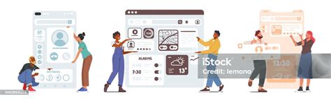 ui ux 디자이너 캐릭터 개발 웹 사이트 인터페이스 시각적 요소 벡터 일러스트 레이 션으로 콘텐츠 레이아웃 만들기 대형에 대한