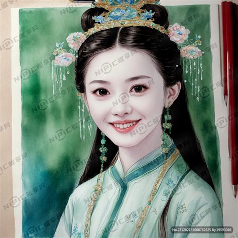 Ai创作图大眼睛甜美微笑戴皇冠扎2小辫子穿着绿蓝色刺绣蓬蓬裙手扶着栏杆身后是皇宫背景唯美高清3d画面 昵图网