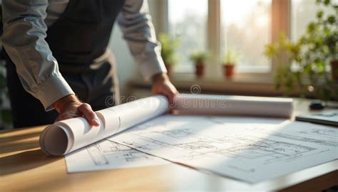 Architect Rolls Architectural Plan With Technical Project Drawings On Wooden Table Man Hands
