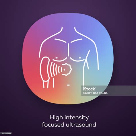 고강도 집중 초음파 응용 프로그램 아이콘 히후 비 침습적 치료 기술 초음파에 의한 치료 Uiux 사용자 인터페이스 웹 또는 모바일 응용 프로그램입니다 벡터 절연 그림 수고에
