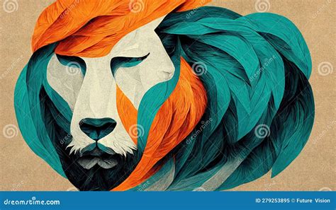 Colourful Stylised Lion Portrait On Grey Background Created Using Generative Ai Technology