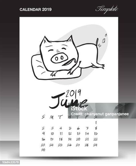 돼지 달력 2019 달력 6 월 2019 템플릿 손으로 그린 돼지 만화 벡터 일러스트 레이 션 문자 사용할 수 있습니다 엽서 선물 카드 배너 포스터 카드 및 인쇄 중국