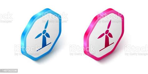 아이소메트릭 풍력 터빈 아이콘은 흰색 배경에 분리되어 있다 풍력 발전기 표지판 전력 생산을 위한 풍차 육각형 버튼 벡터 3차원 형태에 대한 스톡 벡터 아트 및 기타 이미지