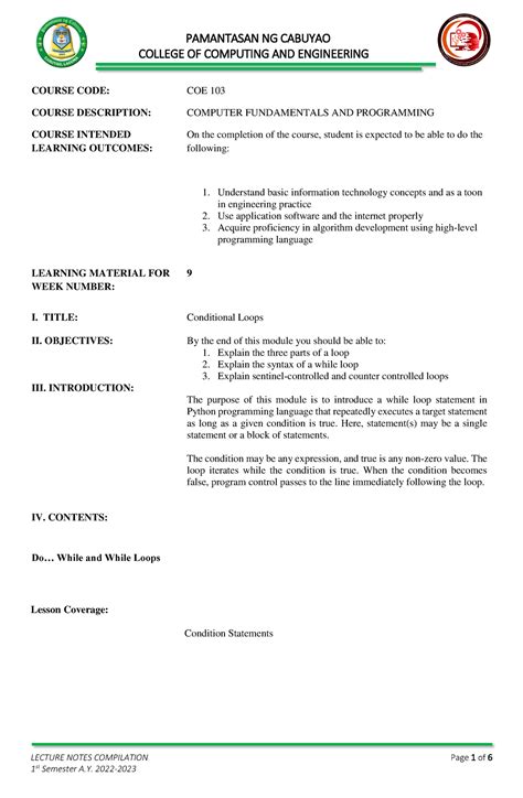 Week COMPUTER FUNDAMENTALS AND PROGRAMMING COLLEGE OF COMPUTING AND ENGINEERING LECTURE