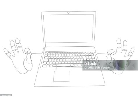 노트북과 손의 하나의 연속 라인 가는 선 그림 벡터 개념입니다 등고선 그리기 창의적인 아이디어 광고에 대한 스톡 벡터 아트 및 기타 이미지 Istock