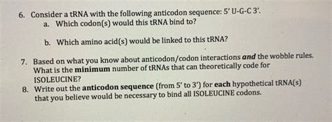 Solved Consider A TRNA With The Following Anticodon Chegg Com