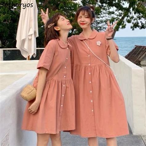 여성용 반팔 드레스 솔리드 피터팬 칼라 트렌디 레저 한국 스타일 루즈 스위트 학생 여성 의류 얼짱 스위트드레스