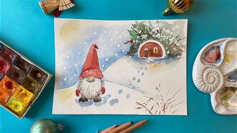 Новогодний рисунок красками Гном и его домик Рисуем поэтапно Youtube