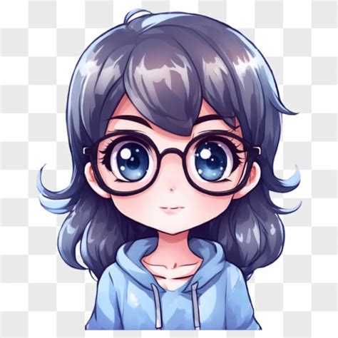 Download Kawaii Anime Girl With Glasses And Blue Hooded Sweatshirt