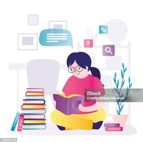 귀여운 소녀는 바닥에 흥미로운 책을 읽고 다양한 장르의 책의 스택 침실 인테리어 디자인 교육에 대한 스톡 벡터 아트 및 기타