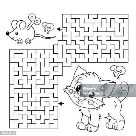 เขาวงกตหรือเกมเขาวงกต ปริศนา โครงร่างหน้าระบายสีของแมวน้อยการ์ตูนด้วยเมาส์นาฬิกาของเล่ ภาพประกอบ