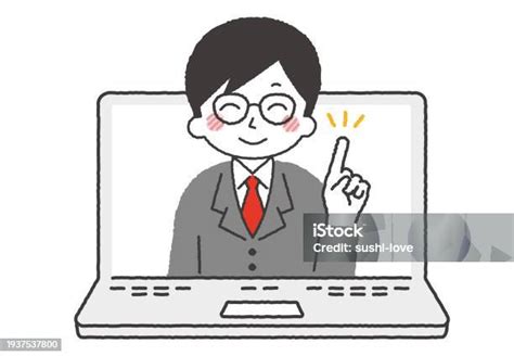 컴퓨터 모니터를 보고 있는 남성 강사 온라인 세미나에서 설명을 하고 있는 사업가 고등학교에 대한 스톡 벡터 아트 및 기타 이미지 고등학교 교사 교육 관련 직업 교육