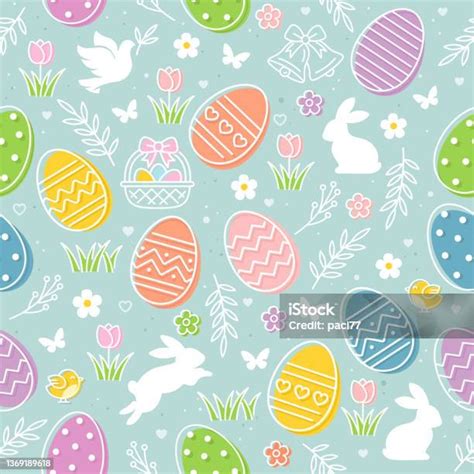 다채로운 달걀 꽃 토끼와 나비 부활절 원활한 패턴 아이콘 부활제에 대한 스톡 벡터 아트 및 기타 이미지 부활제 배경 주제 부활절 달걀 Istock