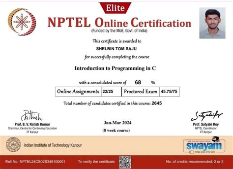 I Am Proud To Show That I Have Recieved An Elite Certificate For Nptel