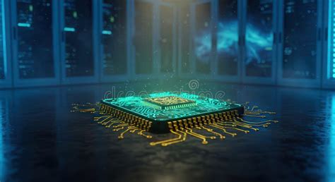 Futuristic Microchip In A Data Center Technological Advancement Stock