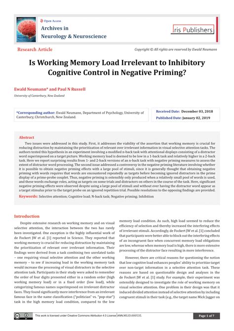 Pdf Is Working Memory Load Irrelevant To Inhibitory Cognitive Control In Negative Priming