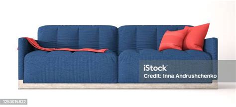 흰색 배경과 격자 무늬와 빨간 베개 3d 렌더링에 파란색 소파 소파에 대한 스톡 사진 및 기타 이미지 소파 다중 색상