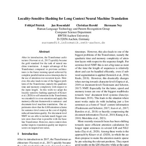 Locality Sensitive Hashing For Long Context Neural Machine Translation Acl Anthology