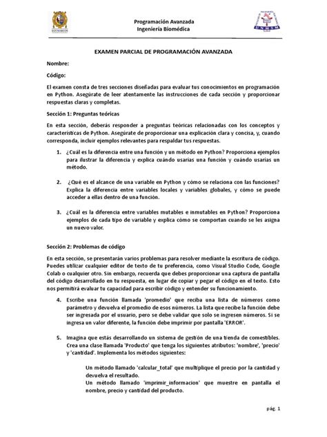 Examen Parcial Pdf Python Lenguaje De Programación Programación