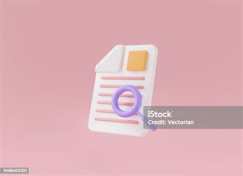 분홍색 배경 개념에 격리된 돋보기로 문서 검색을 통해 3d 문서 관리 개념에 대해 설명합니다 텍스트 문서 워크시트 작업 문서 파일 검색 3d 아이콘 렌더링 그림 입체