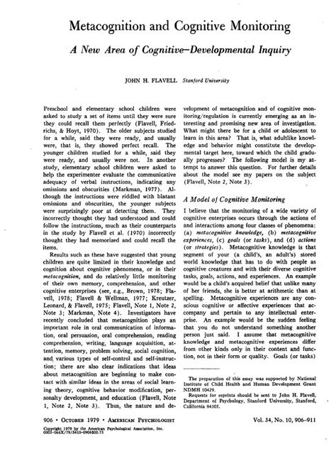 Flavell 1979 Metacognition Cognitive Monitoring Metacognition Understanding