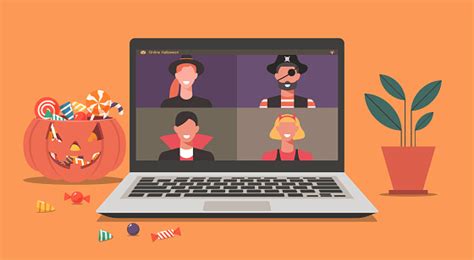 온라인 할로윈 파티 개념 노트북 화면에 공포 의상을 입은 사람들은 화상 통화를합니다 가상 할로윈에 대한 스톡 벡터 아트 및 기타 이미지 가상 할로윈 가상현실 가을