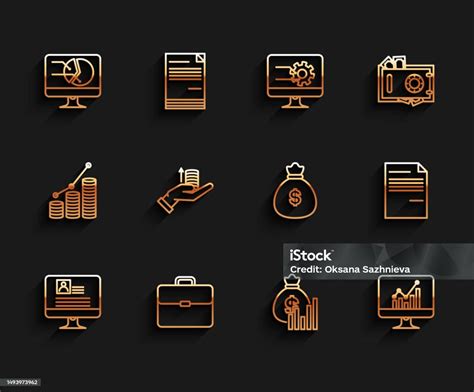 이력서 서류 가방 그래프 차트 돈 가방 및 다이어그램 손 문서 및 아이콘으로 라인 컴퓨터 모니터를 설정합니다 벡터 가방에 대한 스톡 벡터 아트 및 기타 이미지 Istock