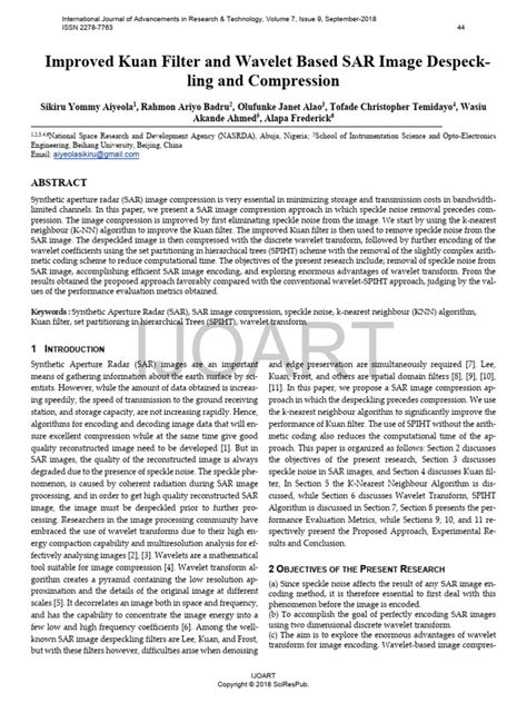 J Improved Kuan Filter And Wavelet Based Sar Image Despeckling Pdf