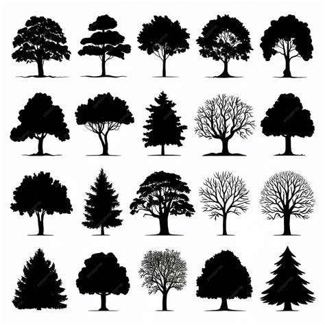 Silhouetted Tree Collection In Grid Layout Diverse Forms And Sizes Highlighted On White