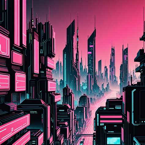 Cyberpunk Cityscape Side View With A Blank In The Middle And Pink